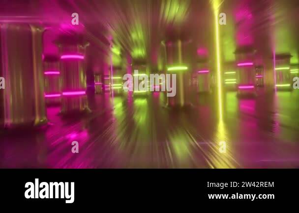 Fly through a futuristic corridor along neon glass pillars and columns ...