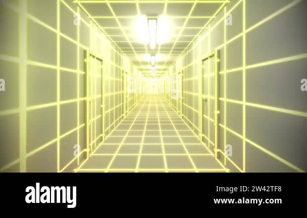 Endless white corridor doors neon tron 80s arcade glow loop wireframe ...