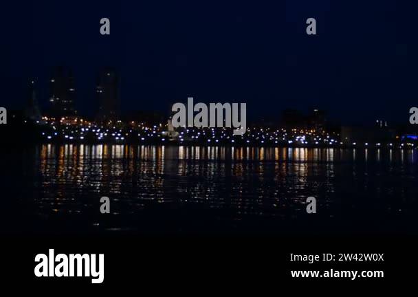 Samara city, Russia. May 2, 2021. Night view from Volga River on Ladja ...