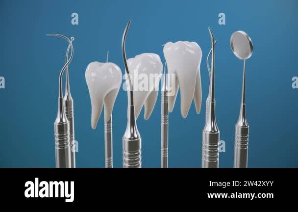 Healthy teeth rotation animation. Teeth with dental tools. Concept of ...