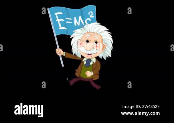 Cartoon animated loop walk cycle of an Einstein holding blue flag with ...