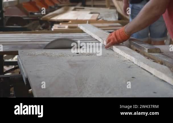 Sawing machine at wood production factory. Timber material processing ...