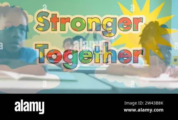 Animation of stronger together text formed with puzzles over ...