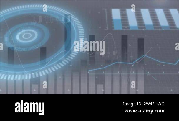 Animation of glowing interface with charts and graphs moving on dark ...