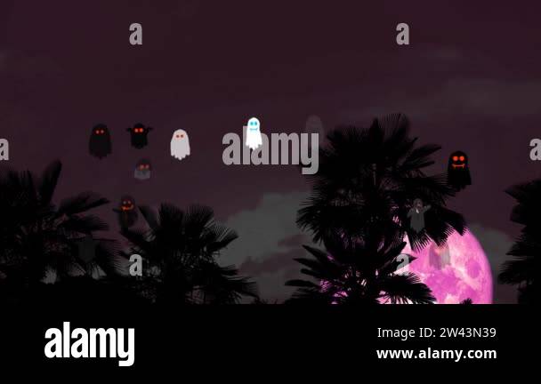 Halloween Pink moon on night sky back silhouette palm tree and party spirits in ghosts theme ...
