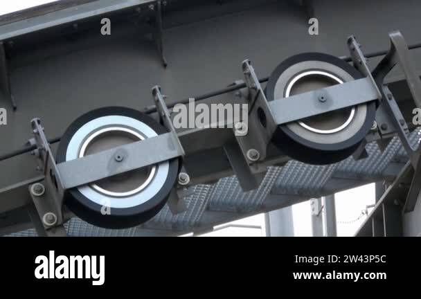 4K. Mechanism or system of a working cable car. Pulleys Lift. Dubrovnik ...