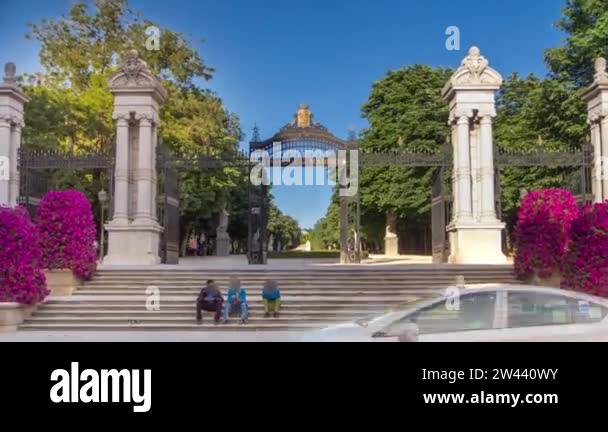 Entrance to Buen Retiro Park - one of largest parks in Madrid timelapse ...