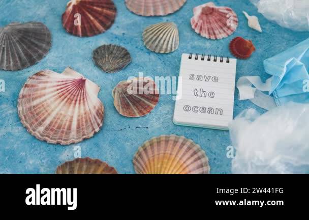 save the ocean text on blue background with sea shells and plastic ...