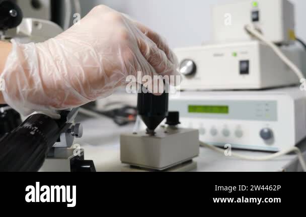 Artificial insemination in scientific laboratory under microscope ...