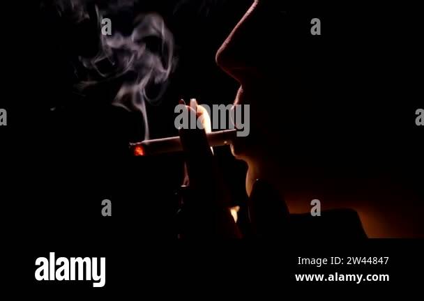 Attractive profile silhouette of beautiful woman smoking cigarette ...