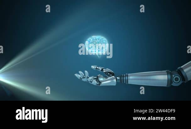 Animation of 3d blue glowing human brain rotating with robot arm reaching out on glowing blue ...