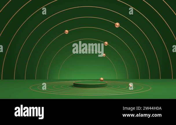 Abstract catwalk with gold rings and balls. Green luxury pedestal for ...