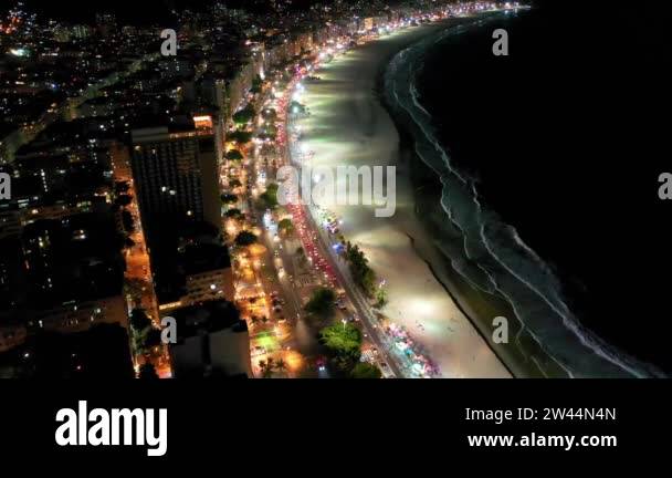 Nightlife view of Copacabana beach, Rio de Janeiro, Brazil. Night view ...