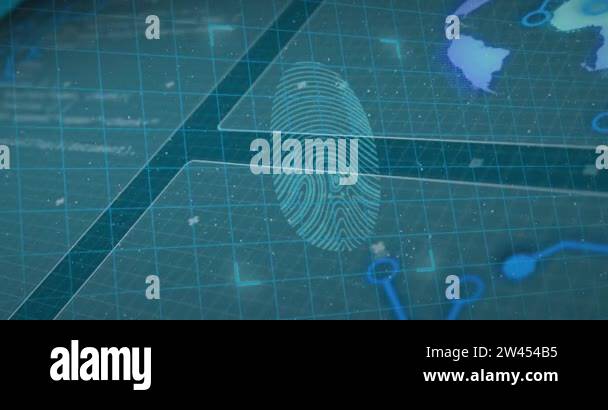 Animation of fingerprint scan on a screen, cyber security check. global ...