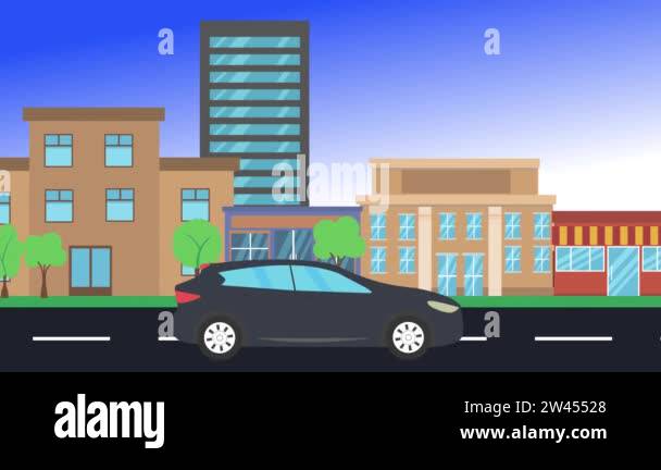 car driving rides around city side view, loop animation, flat design ...