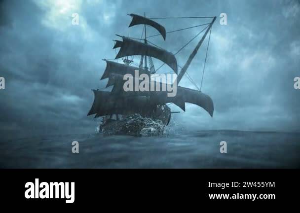 ship sailing in the ocean in a storm with rain and lightning, 3d ...