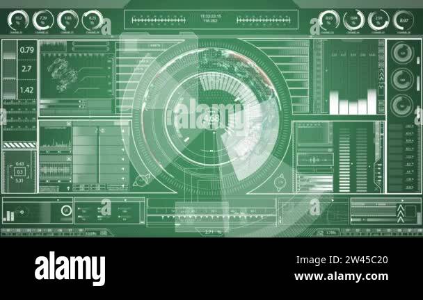 Animation of scope scanning and data processing on green screen. global connections and digital ...