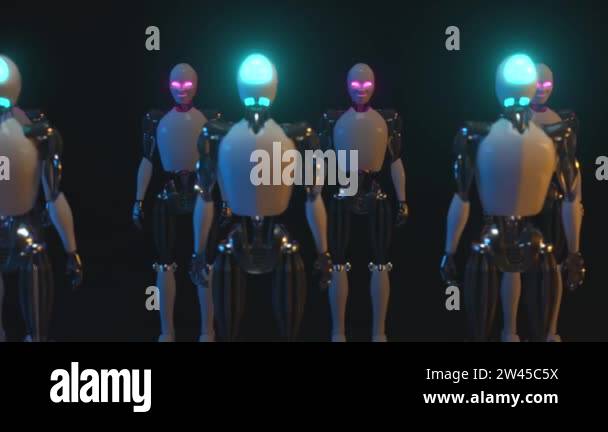 An endless corridor of robots facing each other. Future technology and ...