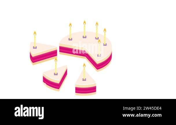 Pieces of pie cake with candles. Birthday celebration. Cut whole cake ...