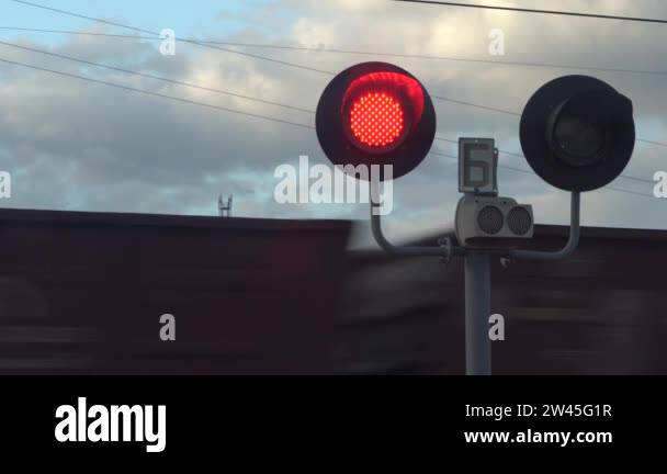 The railway traffic light is red. Stop signal for a stop at a railway ...
