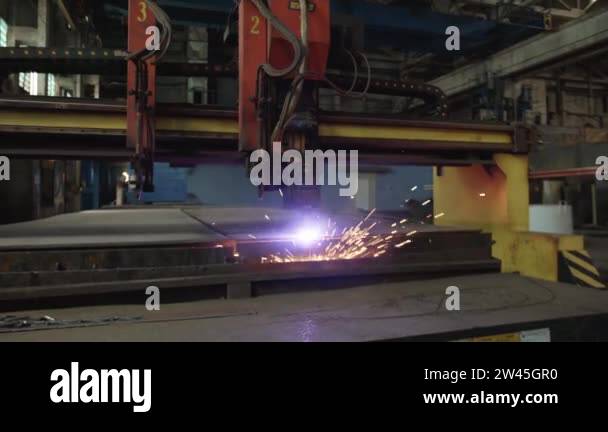 Plasma cutting of metal on a CNC machine. Fire cutting of thick sheet ...