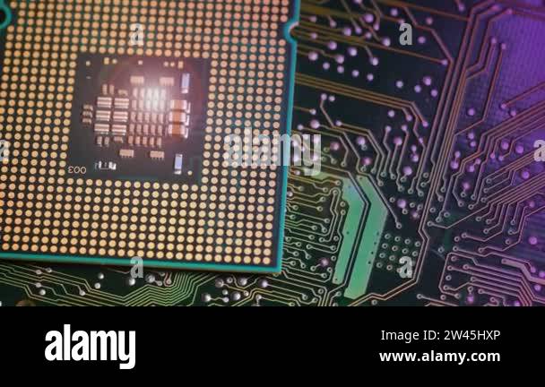 Detail of Computer CPU Chip over electronic printed circuit board. 4K ...