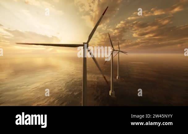 3D animation of Solar panels on large wind turbines background. Windmills. Concept of clean ...