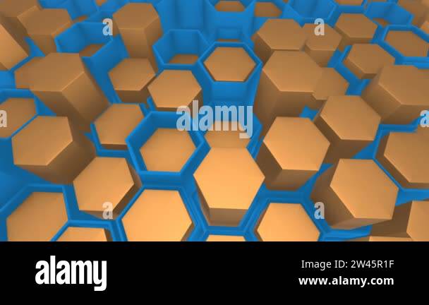Animated abstract background with golden hexagonal prisms in blue cases ...