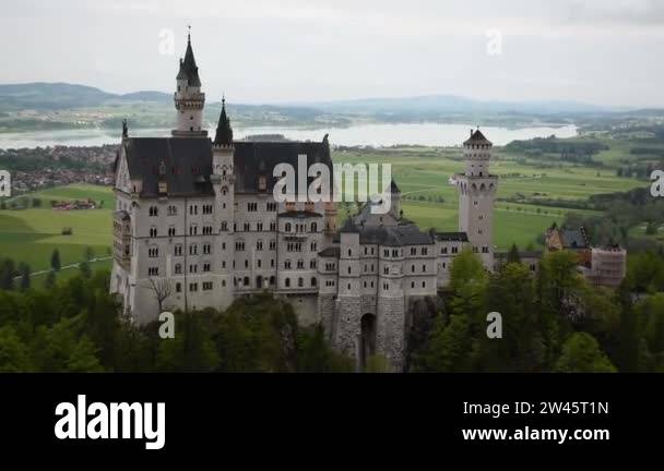 26 May 2019: Panoramic view of world-famous Neuschwanstein Castle, the 19th century Romanesque ...