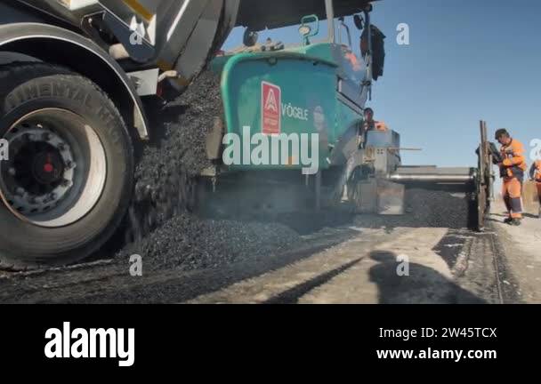 Novosibirsk region, August 3, 2020. Close-up of an asphalt paver. Paver ...