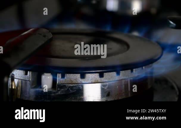 Process of burning and appearing blue flame of gas methane or propane ...