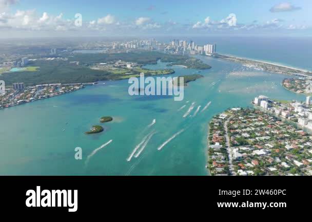 4K aerial of tourism at tropical islands, beaches and yachts in Miami ...