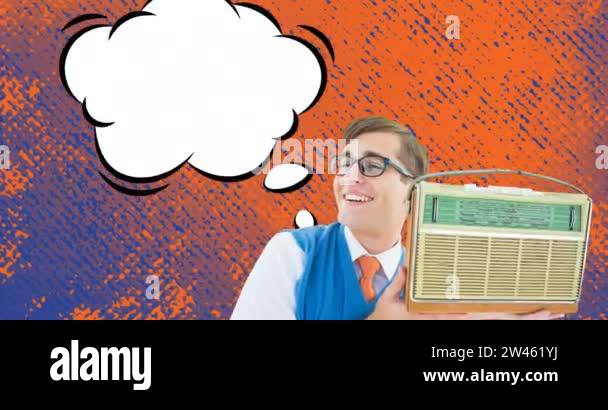 Animation of man holding vintage radio, speech bubble with copy space ...