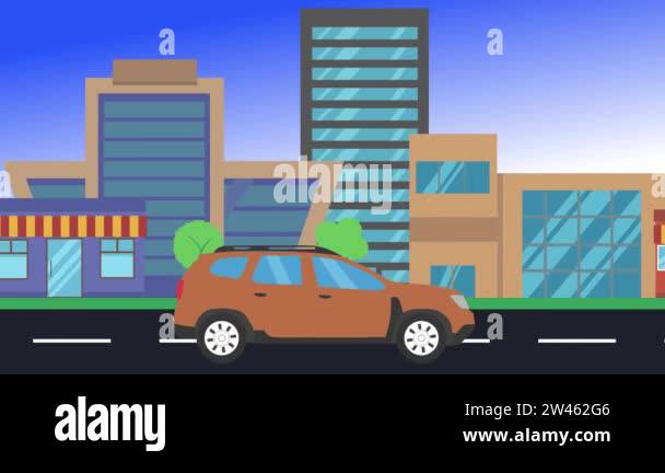 car driving rides around city side view, loop animation, flat design ...