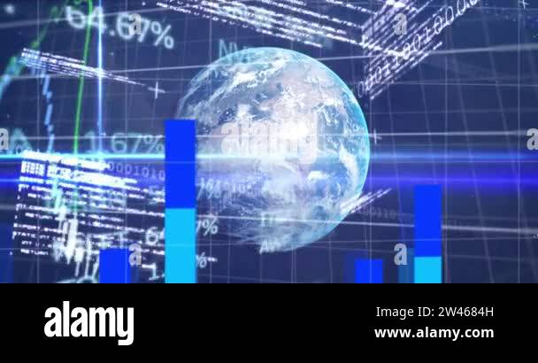 Animation of data processing and floating diagrams over spinning globe on world map. Digital ...