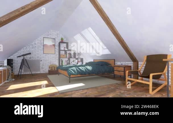Bathed in sunlight bachelor interior of cozy modern bedroom on attic ...