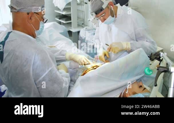 The surgeon and his assistant suture the incisions under the mammary ...