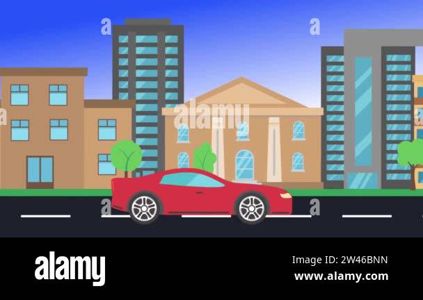 car driving rides around city side view, loop animation, flat design ...