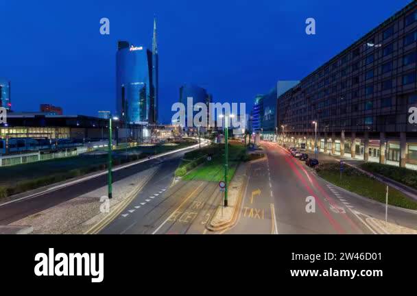 Night timelapse in the central area of Milan, Porta Garibaldi Stock ...