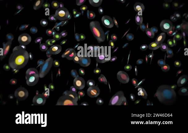 Flying many vinyl records on black background. Old technology. Retro ...