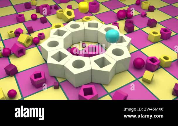 3D animation of a complex geometric shape made of pentahedrons with holes in the center. Clubs ...