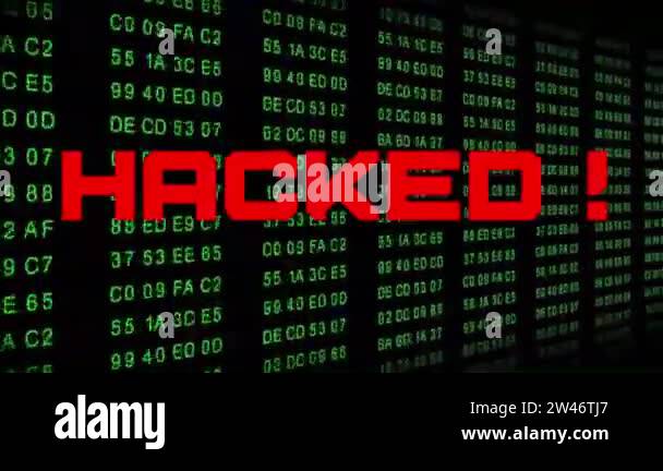 HACKED! flashing red warning lettering - digital computer display with permanently changing code ...