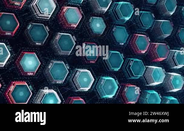 3D hexagon wall. Animation. Holographic hexagons pulse on black background. Background of ...