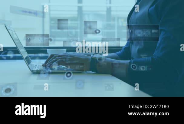 Animation of scopes scanning and data processing on screens over man using laptop and smartwatch ...