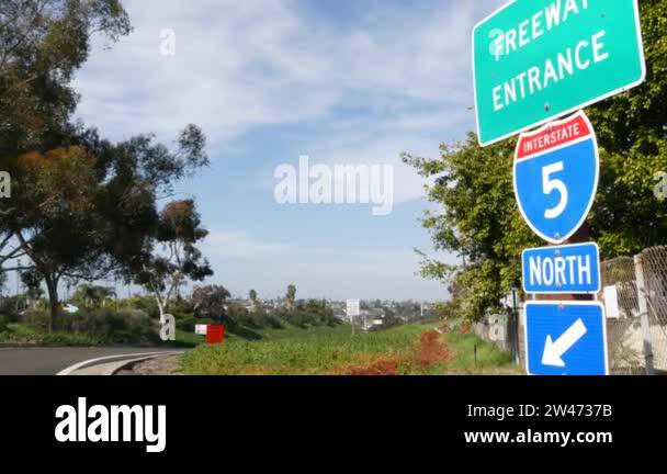 Freeway entrance, information sign on crossraod in USA. Route to Los ...