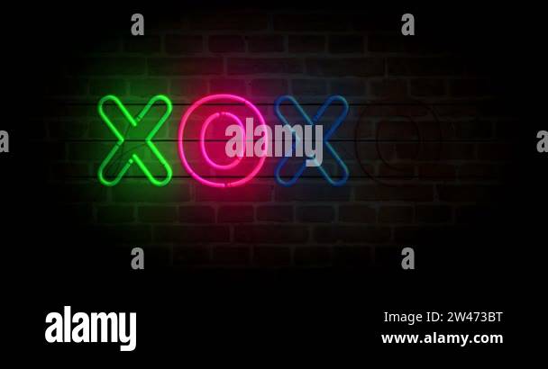 XOXO symbol neon symbol on brick wall. Light color bulbs with love ...