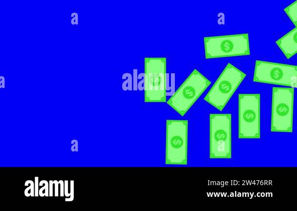 2d vertical animation of falling dollar bills on chroma key blue screen ...