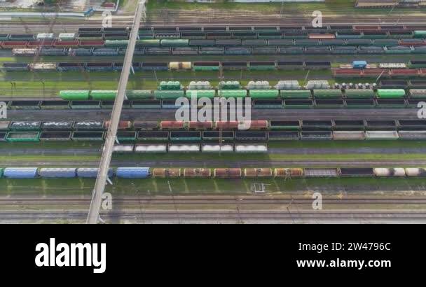 A lot of freight trains top view. freight trains top down view. Flying ...