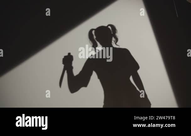 Crime Scene Montage. Shadow of Strange Young Woman Killer Holding Knife ...