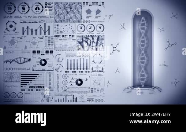 DNA helix molecule loop animation. DNA chromosome concept. Hologram elements of digital data ...